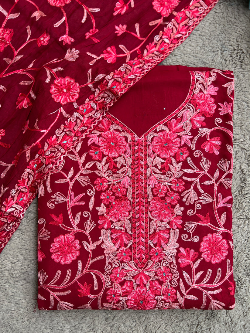 Deep Red Modal Cotton Kashmiri Embroidered Suit with Full Jaal Dupatta ...